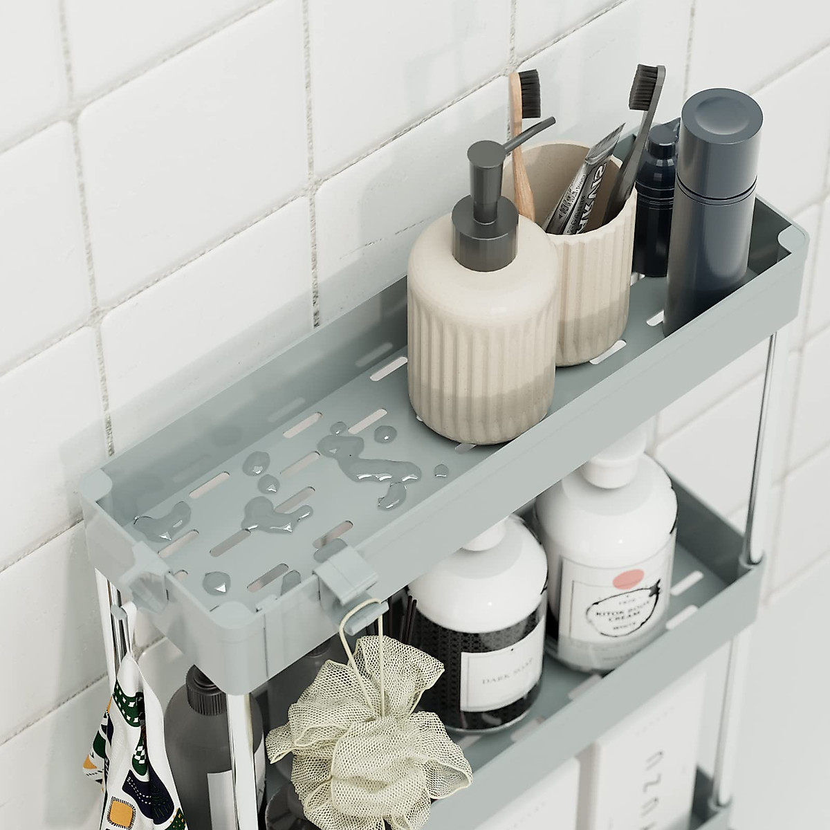 OTK Slim Storage Cart 4 Tier Mobile Shelving Unit Organizer, Utility Rolling Shelf Cart with Wheels for Bathroom Kitchen Bedroom Office Laundry Narrow Places，Grey