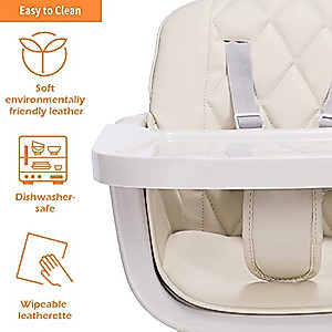 3-in-1 Convertible Wooden High Chair,Baby High Chair with Adjustable Legs & Dishwasher Safe Tray, Made of Sleek Hardwood & Premium Leatherette,Cream Color