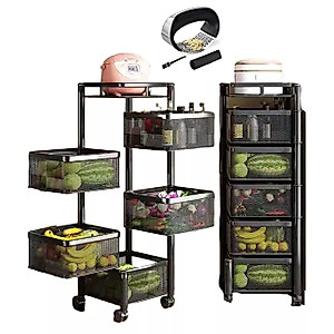 5-Tier Rotating Storage Rack, Fruit and Vegetable Cart, Fruit Basket for Kitchen, Pantry Storage Cart, Rotating Storage Rack, Rotating Storage Shelf, Fruit Rack with Wheels + Free Garlic Press Mincer