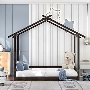 TMEOSK Wooden Room-Type Double Bed with Floor-to-Ceiling Platform Bed with Roof and Trundle for Girls, Boys Adults, Black