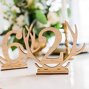 Messar Antler Wedding Table Number Set, 1-20 Animal Antler Shape Deer Horn Wooden Table Numbers with Holder Base for Reception Stands Décor for Wedding Events Birthday Party (Style 1)