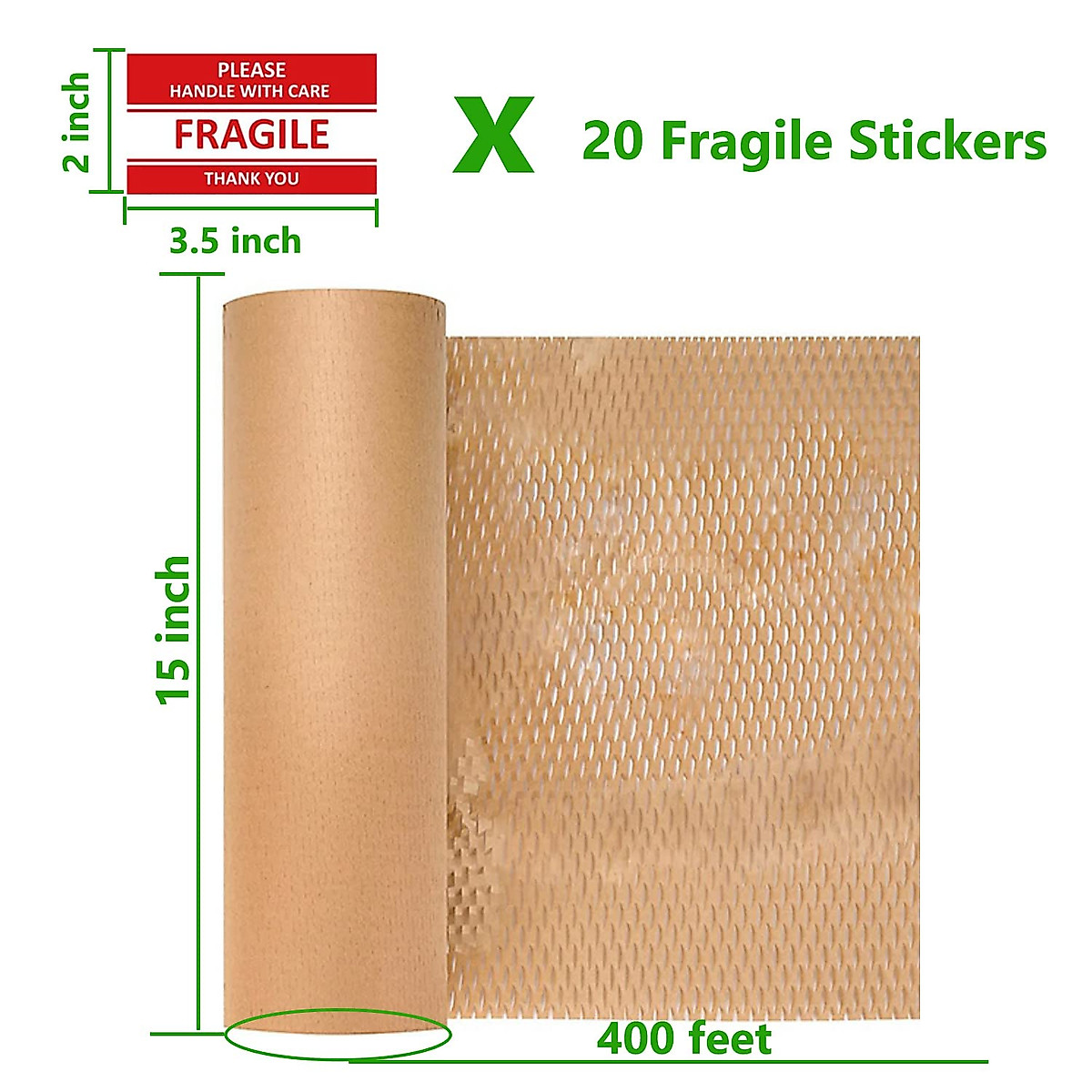 Besitek Honeycomb Packing Paper Wrap 15" x200' Sustainable Alternative to Bubble Cushioning Wrap for Moving/shipping/packing Roll with 20 Fragile Sticker Biodegradable & Fully Recylable
