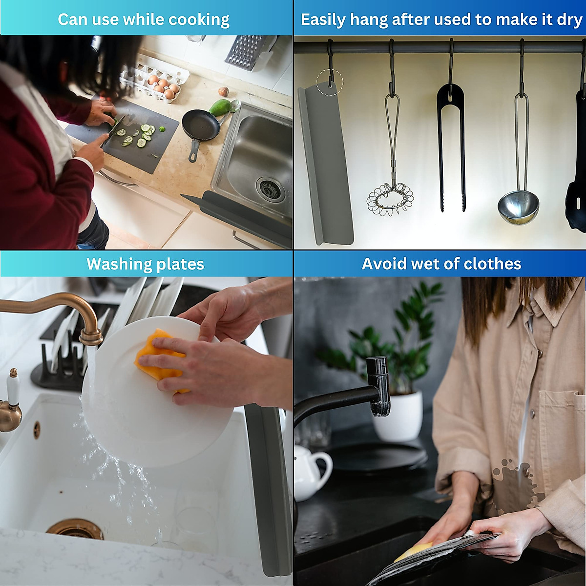 kitchen sink splash guard - (Premium & Upgraded design)- Silicone Sink Splash Guard for Kitchen and Bathtub with 5 Strong Suction Cups - Sink Splash Guard Gray- Dishwasher Safe.