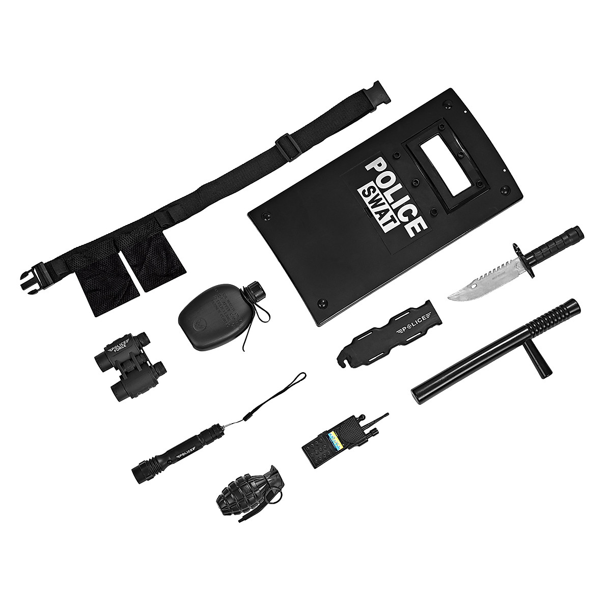 Dress Up America Police Officer SWAT Role Play Set for Kids - Police Accessory Set - Police Pretend Play Accessory Set Includes Plastic Baton and Binoculars Shield, Adjustable Belt, Flashlight & More