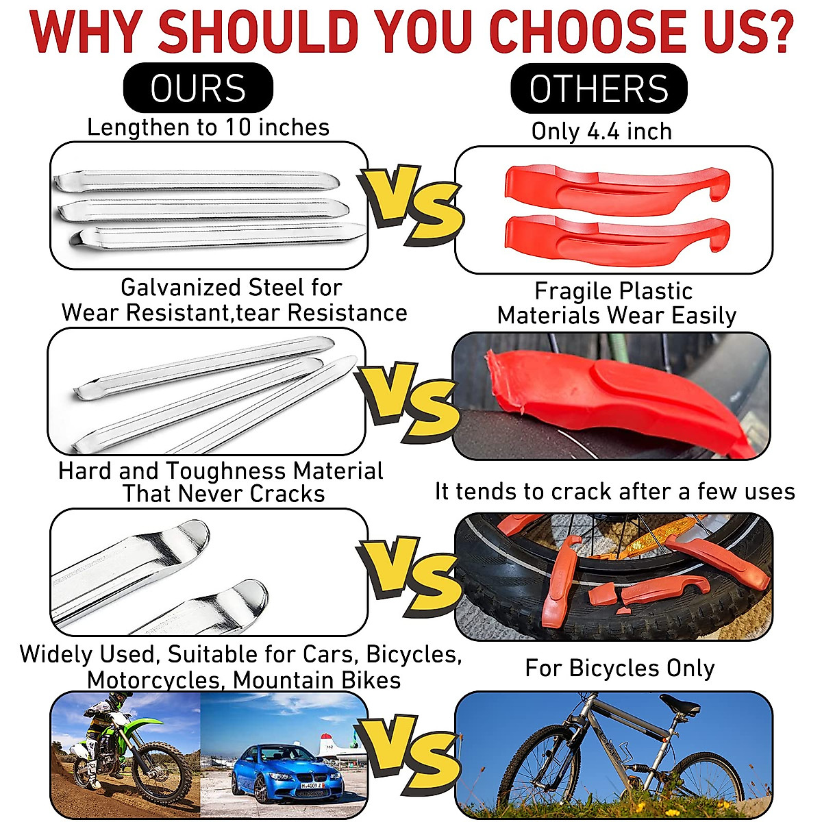 TIPIPARK 3 Pcs Bike Tire Levers - Motorcycle Tire Spoons Iron Set Dirt Bike Tire Changing Tools 10" Lengthen Premium Stainless Steel Repair Tube for Motorcycles Electric Bicycles Mountain Dirtbike