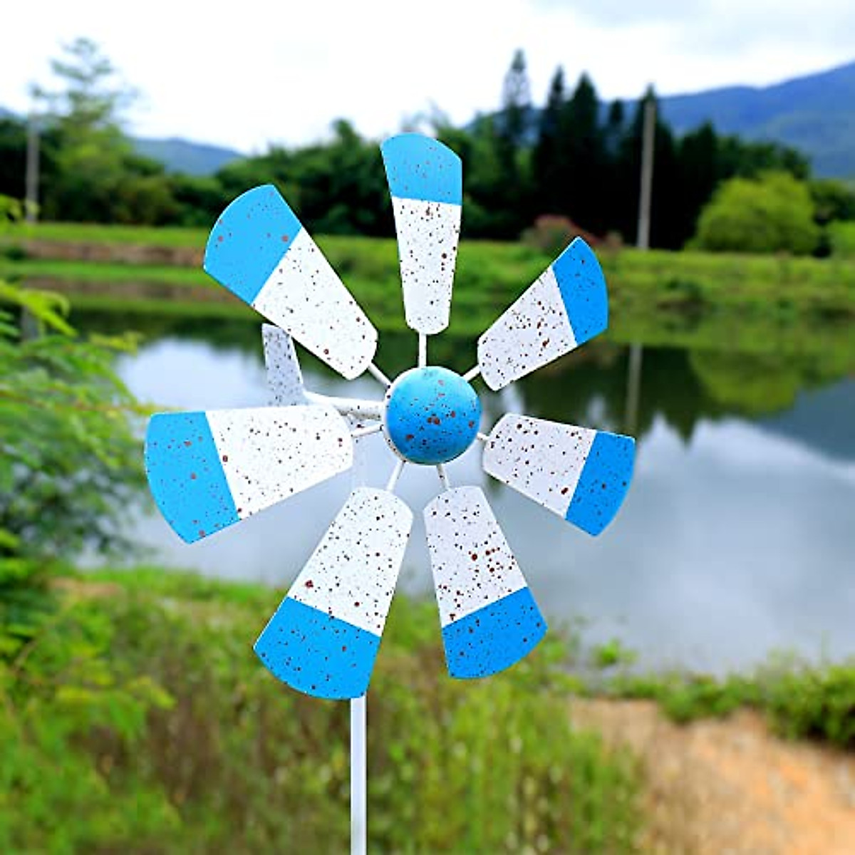 YYWMWM Wind Spinner 31" Large Vertical Windmill Metal Sculpture Garden Decoration Lawn Ornaments Yard Art Decor Outdoor Pinwheel for Patio (Blue/RED)