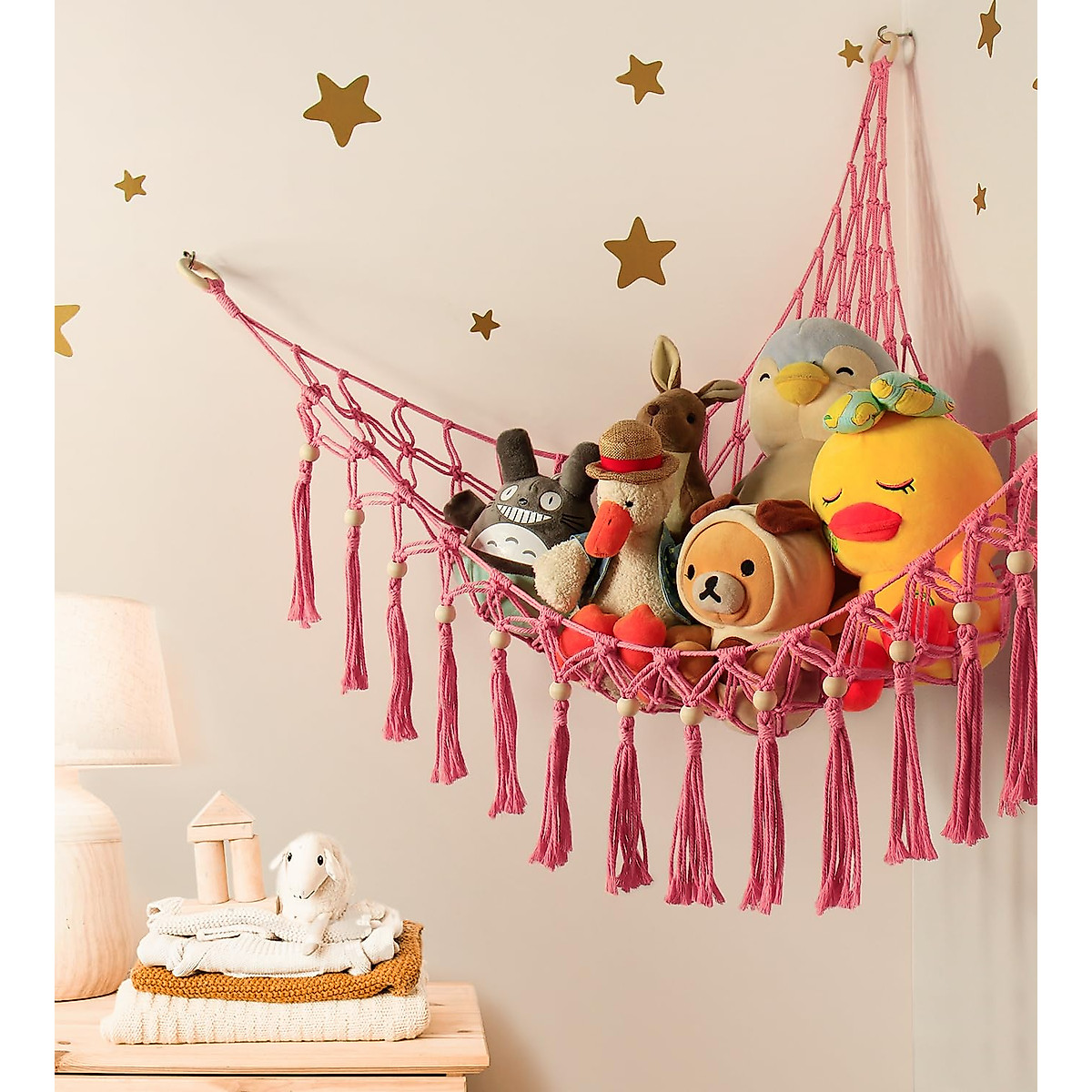 Stuffed Animal Storage Hammock Corner with LED Light - Toy Hanging Organizer Plushie Net - Pink Room Decor for Teen Girls - Cute Bedroom Aesthetic Nursery Kids Baby Toddler