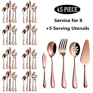 Flatware Set, Magicpro Modern Royal 45-Pieces rose gold Stainless Steel Flatware for Wedding Festival Christmas Party, Service For 8