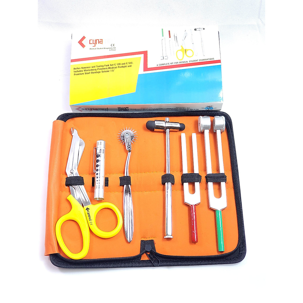 Cynamed Set of 6 pcs Reflex Percussion Buck Hammer + Penlight +Tuning Fork C 128 C 512 + Bandage Scissors 7.25" + Wartenberg Pinwheel (Set of 6)