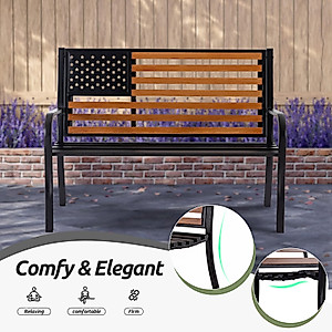 𝐀𝐭𝐭𝐥𝐢𝐚𝐬𝐚𝐥𝐨𝐧 50” Outdor Bench Garden Bench with American Flag Style, Sturdy Cast Iron Metal Frame Patio Park Bench for Porch Yard Lawn Deck Park