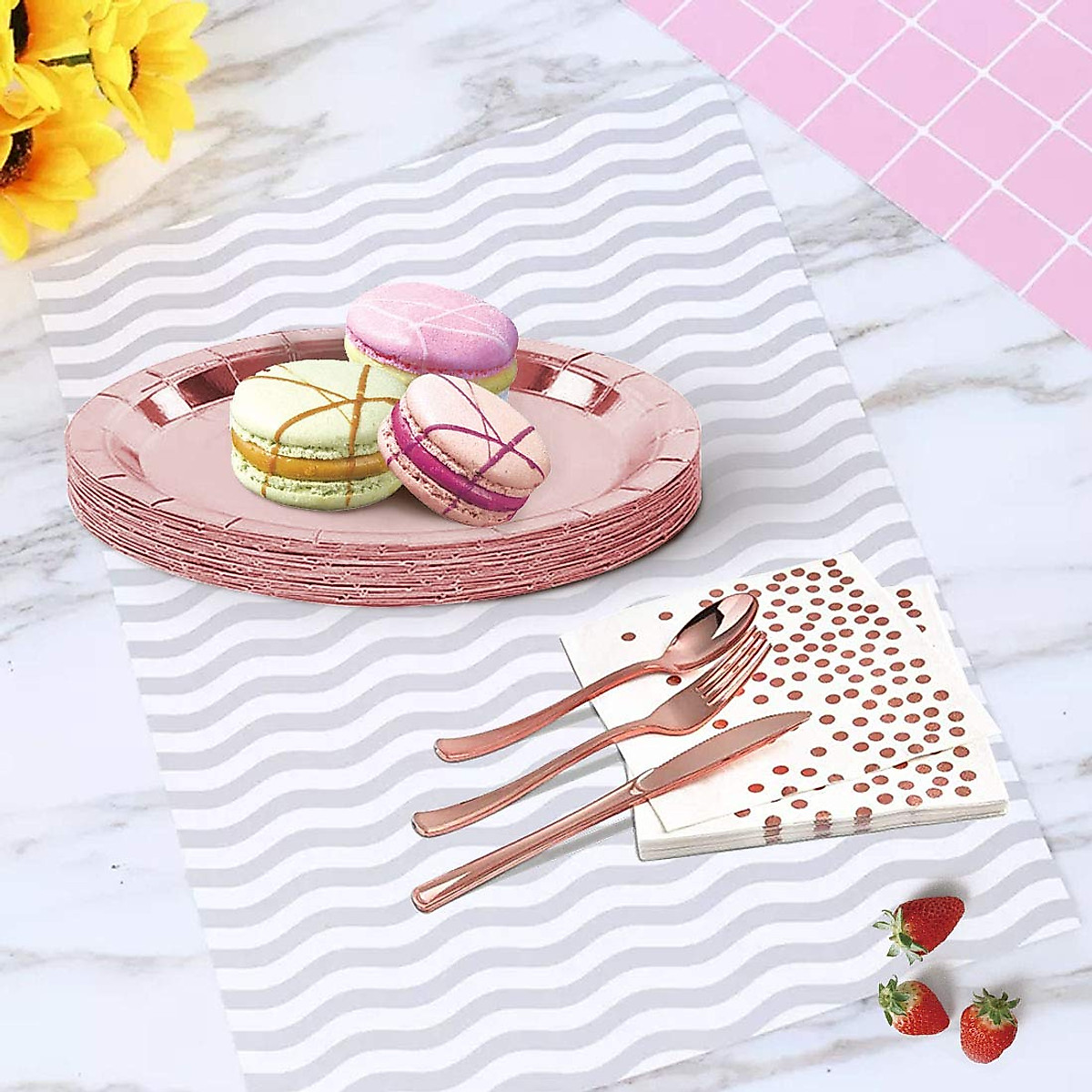 Rose Gold Birthday Party Favors for Women Rose Gold Plates and Napkins Party Supplies,Disposable Paper Plates and Cups Set for First Day of School,Bridal Shower,Baby Showers,Christmas, Serves 20