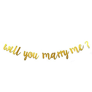 Will You Marry Me Banner Bunting for Valentine's Day, Wedding, Bridal Shower, Marriage Proposal Engagement Party Decorations Gold Glitter Pre-Strung