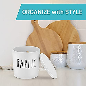 Large Garlic Keeper - Garlic Holder Storage - Round Ceramic Garlic Container Storage to Keep Your Garlic Cloves Fresh Longer - Classic White Vented Garlic Keeper for Counter - Garlic Saver for Kitchen