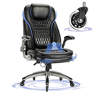 COLAMY Office Chair-Ergonomic High Back Computer Chair with Padded Flip-up Arms, Executive Leather Desk Chair Thicken Seat, Upgraded Casters for Swivel Rolling, Home Office Chair for Adult-Black