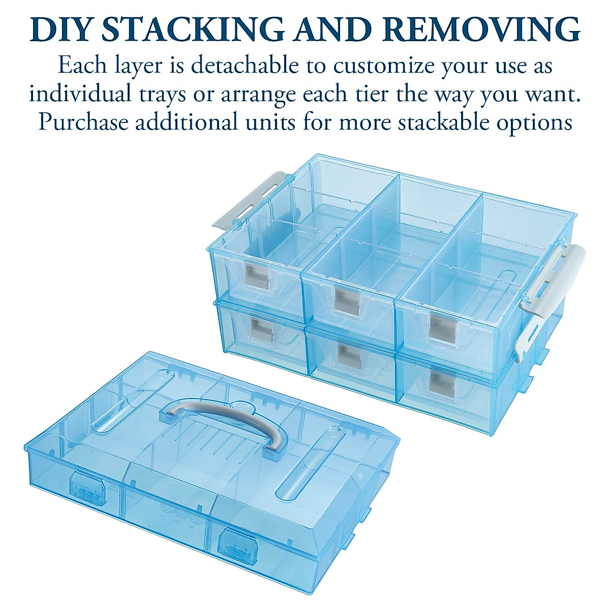 MyGift 11 Inch Sky Blue Transparent Arts and Crafts Sewing Supplies Storage Organizer Case with White Accents, 24 Customizable Compartments, 6 Drawers Removable Dividers