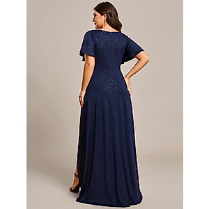 Ever-Pretty Plus Women's Plus Size Glitter A-Line Ruffle High-Low Summer Cocktail Dress with Sleeves Navy Blue US16