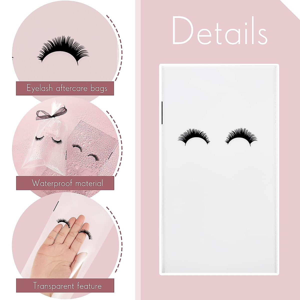 100 Pieces Eyelash Aftercare Bags Lash Bags Eyelash Packaging Bags Makeup Aftercare Bags Cosmetic Clear Empty Bag Mini Cosmetic Bags with a Hard Yarn Ribbon for Women,5 x 9 Inch(Black)