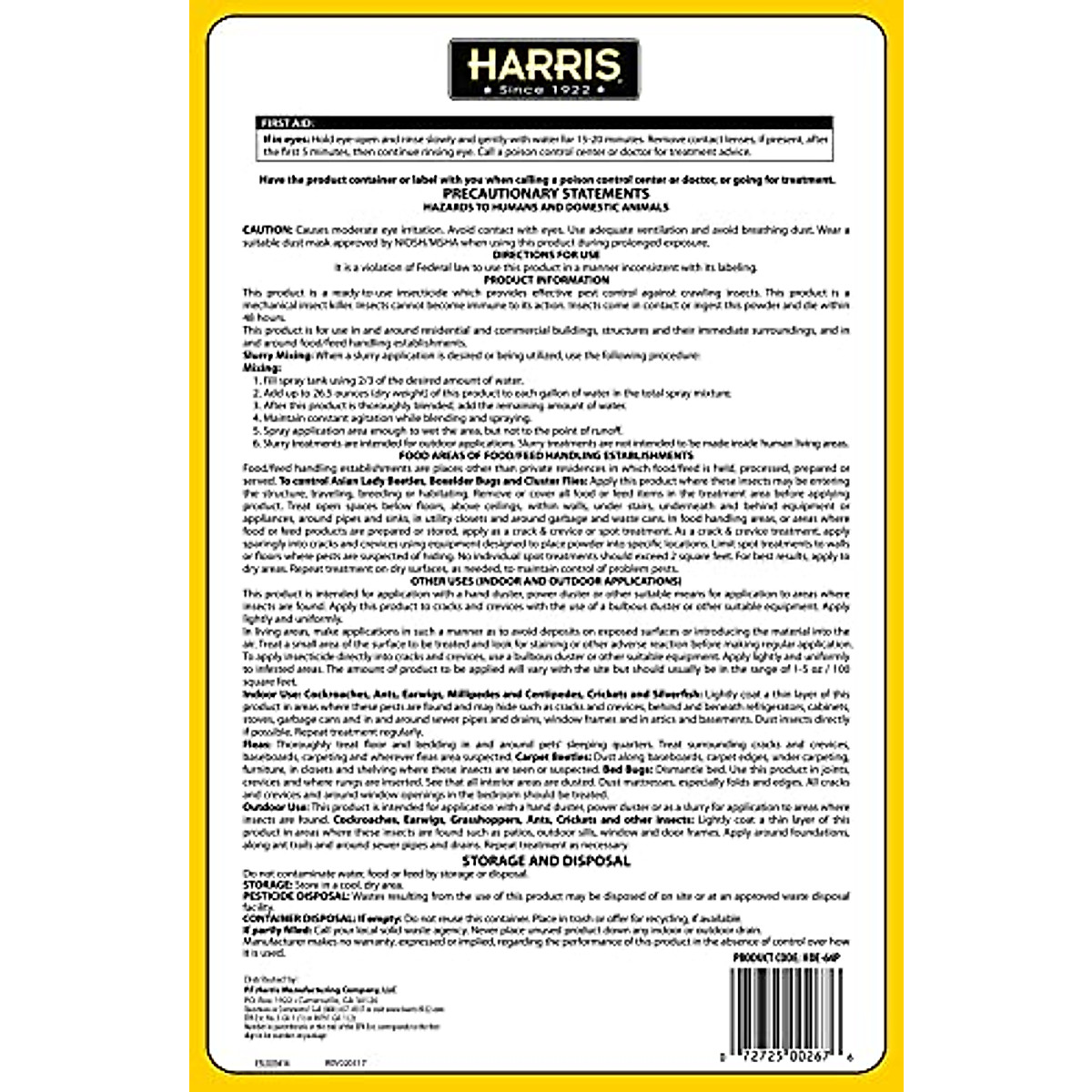 Harris Bed Bug Killer, Diatomaceous Earth (4lb with Duster Included Inside The Bag)