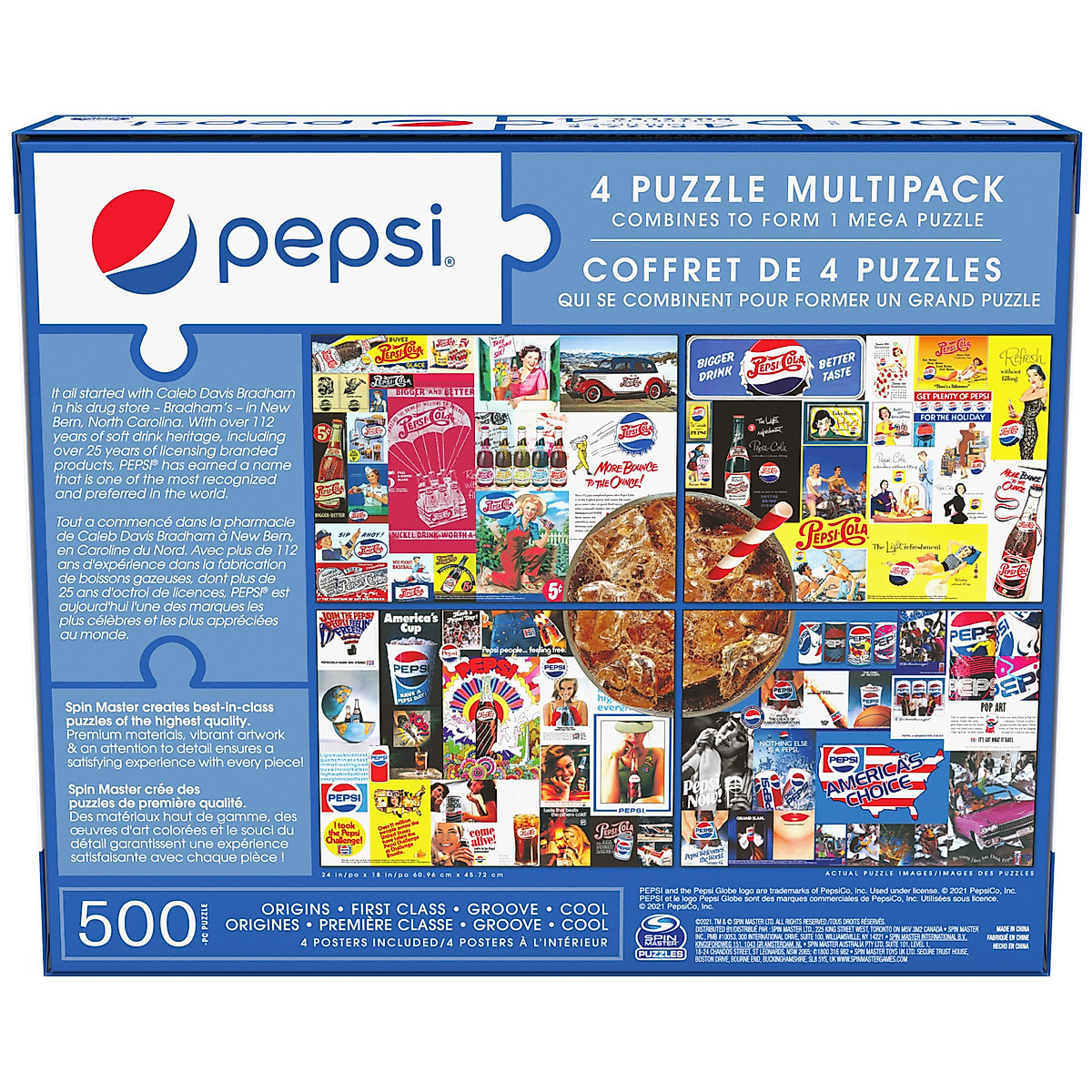 TOYS_AND_GAMES Pepsi, 4 Puzzle Multipack, 500 Pieces Combine to Form Novelty Soda Beverage Mega Puzzle, for Kids and Adults of All Ages