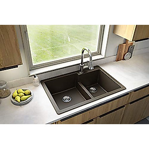 Karran QT-811 33" Top Mount Large/Small Bowl Quartz Kitchen Sink Kit in Brown