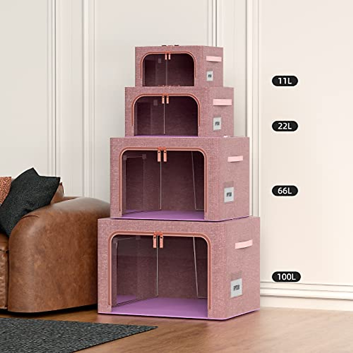 2 Pack Stackable Storage Bins - Foldable Metal Frame Storage Boxes for Clothes Double Zipper Fabric Box Organizer Set with Carrying Handles and Clear Window (11L, Red)