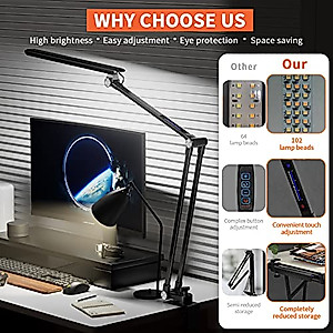 Reifeiniwei LED Desk Lamp,Dimmable 10 Color Modes 2700K-7000K & 10 Brightness,Swing Arm Table Light with Clamp,Eye-Caring Clip-on Lamps with Memory Function for Reading Work Study 700LM-Black…
