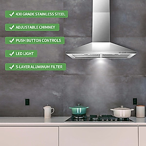 SNDOAS Range Hood 30 inch,Wall Mount Range Hood in Stainless Steel With Ducted/Ductless Convertible,Stove Vent Hood with Aluminum Filters,3 Speed Exhaust Fan,LED Light,Button Control