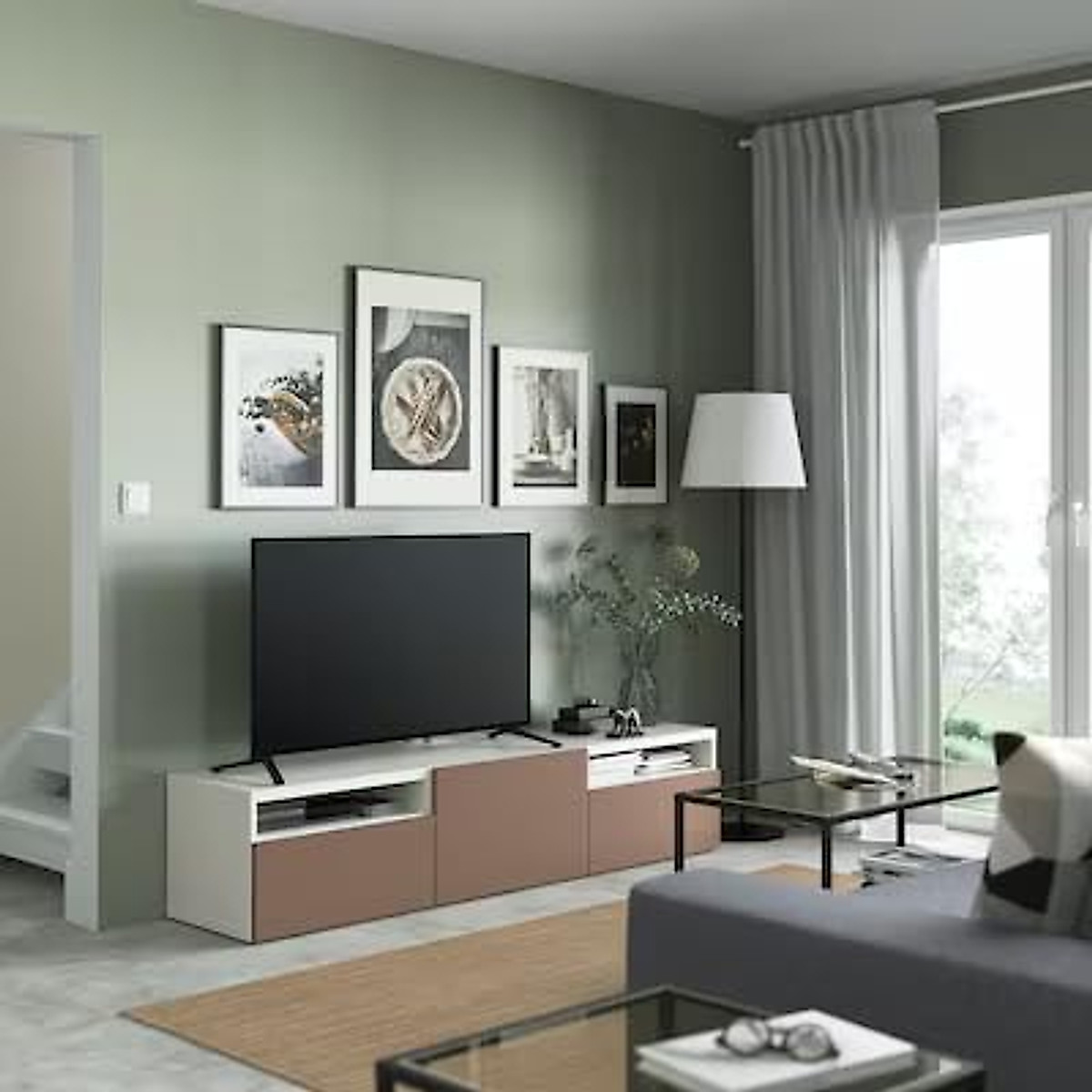 TV Unit with Drawers and Door, White/Lappviken Light Gray-Brown, 70 7/8x16 1/2x15 3/8 "