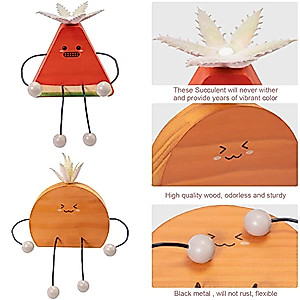 Yangbaga 2pcs Wooden Decorations for Shelf, Artificial Fake Succulents Plants Cute Decor with Metal Hanging Leg for Home Office Desk Shelf