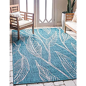 Unique Loom Outdoor Botanical Collection Area Rug - Leaf (6' 1" x 9' Rectangle, Teal/ Ivory)
