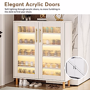 Tribesigns Shoe Cabinet with Acrylic Doors and LED Light, 24 Pairs Entryway Shoe Organizer Storage Rack with 5-Tier Adjustable Shelves for Narrow Closet, Hallway, Living Room (White & Gold)