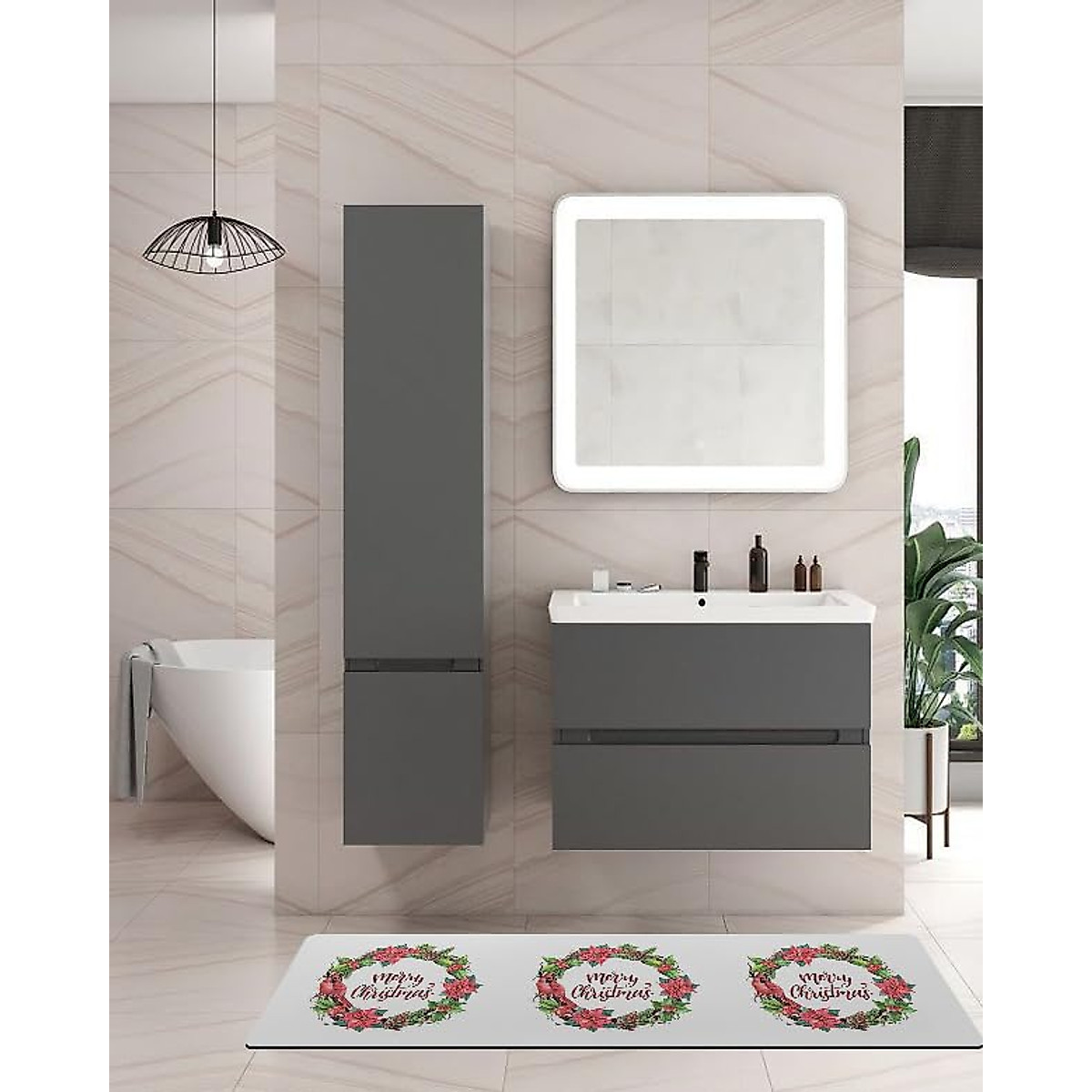 Merry Christmas Bath Mat for Tub,Non Slip Bathroom Floor Runner Rug Quick Dry & Absorbent Diatomaceous Earth Shower Sink Bedroom Kitchen Washable Doormat,Winter Poinsettia Holly Pine Berries 18"x47"