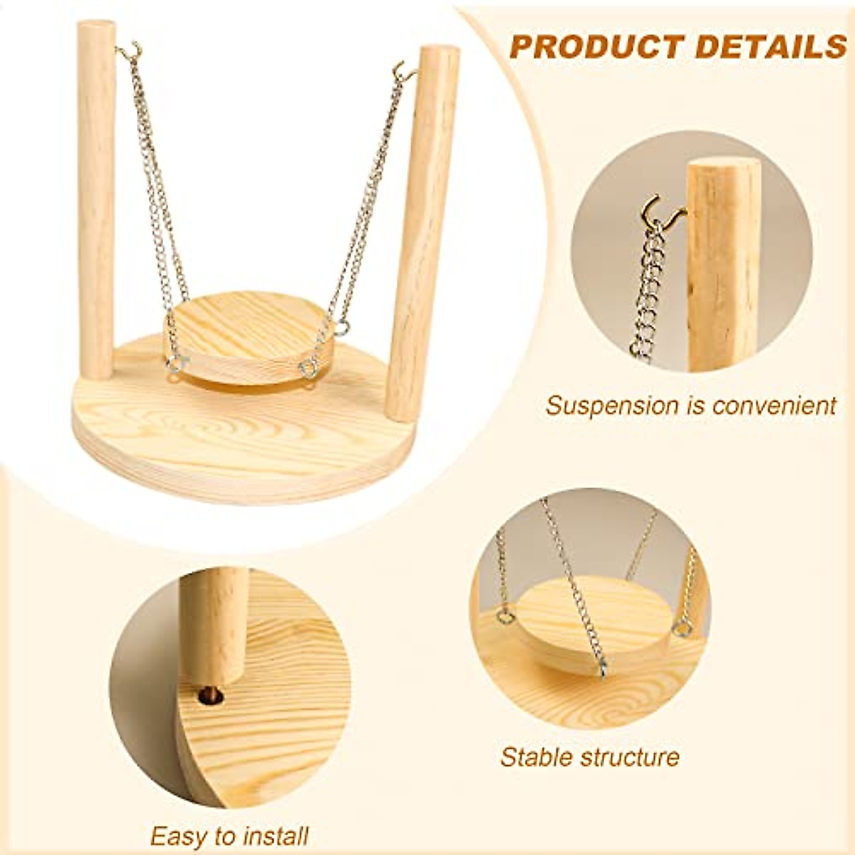 3 Pcs Hamster Enrichment Toy, Natural Wooden Hamster Swing with Base Durable Chinchilla Ledge Increase Activity Rodent Playground for Dwarf Hamster Gerbil Budgie Finch