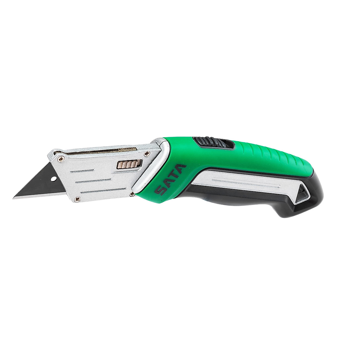 SATA T-Series Folding Utility Knife with Easy-Access Blade Storage in the Body and a Green Dual Material Handle - ST93486