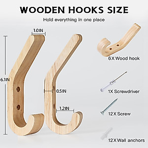 CRSWHA Wooden Coat Hooks for Wall,6 Pack Wall Mounted Natural Wood Hooks,Modern Decorative Oak Wall Pegs for Mudroom,Heavy Duty Hat Hanger Hooks for Hanging Coats, Backpack,Towels,Purse
