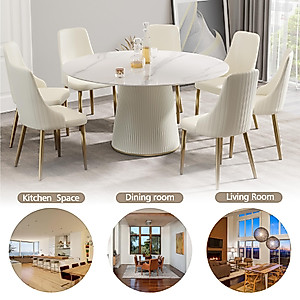 53'' Round Marble Dining Table for 4, Modern White Sintered Stone Top Kitchen Table for Dining Room,Faux Marble Circle Dining Table with Solid Wood Panel Pedestal,Wrapped in PU Leather(Only Table)