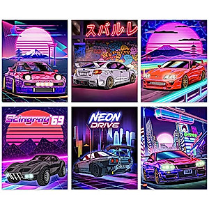 Tokyo Street Racing Wall Art Prints, Japanese Wall Art Modern Urban Neon Posters, Tokyo Skyline Mount Fuji Car Canvas Art Painting for Living Room Boys Room Wall Decor, Set of 6 - (8"x10" Unframed)
