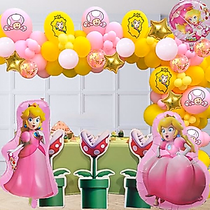 131Pcs Mario Princess Peach Decorations Peach Balloon Garland Arch Kit Include Princess Peach Balloons,Star Mario Foil Balloons for Girls Princess Peach Themed Birthday Party Decoration Supplies