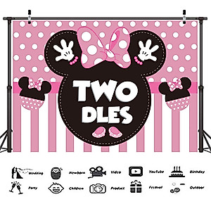 HEETON Pink Mouse Twodles Birthday Party Supplies Decorations Pink Girl Second Fabric Banner Backdrop for Baby Two Years Old 2nd Birthday Photo Props Background -7 x 5ft