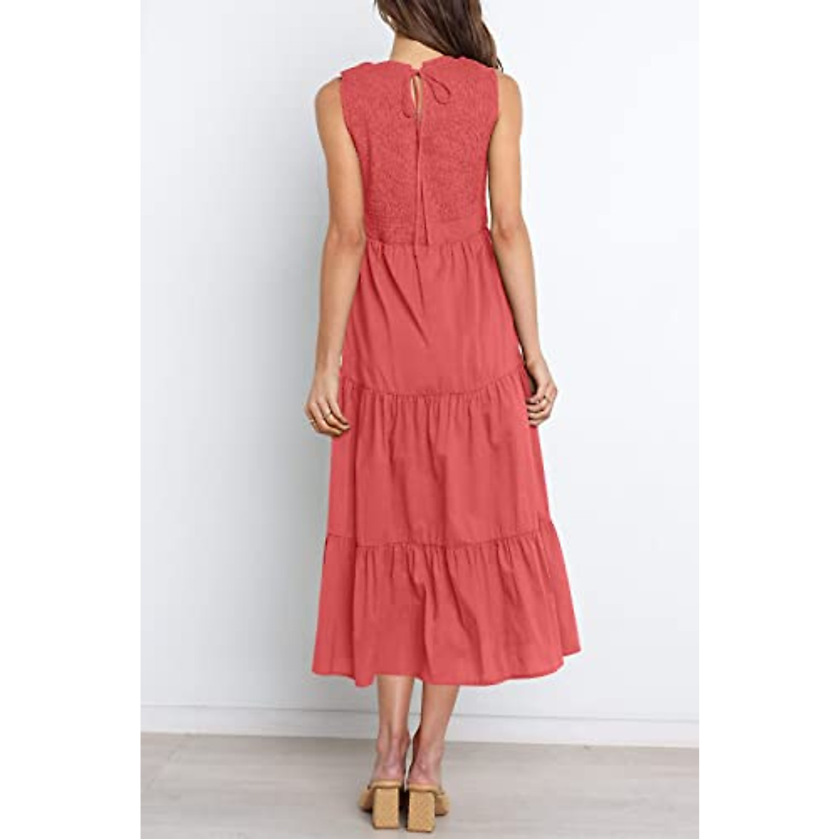 ZESICA Women's 2023 Summer Casual Sleeveless Crew Neck Smocked High Waist Flowy Tiered A Line Midi Dress,Watermelon,Medium