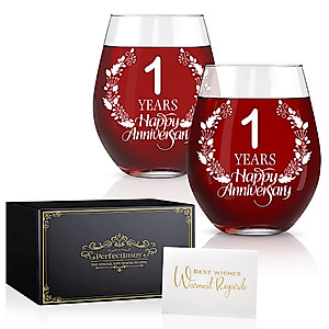 Perfectinsoy 1 Years Happy Anniversary Wine Glass Set of 2, 1th Anniversary Wedding Gift For Mom, Dad, Soulmate, Couple, Funny Vintage Unique Personalized, 1 Years Gifts, Happy First Anniversary