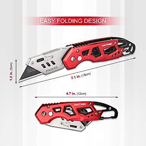 HAUTMEC Folding Utility Knife with 10pcs Blade Set, Quick Blade Change Box Cutter, SK2H Black Blade, Lock-Back Anti-Slip Knife with Clip for Cartons, Cardboard and Boxes HT0263-KN