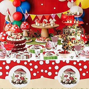 APOWBLS Mushroom Party Decorations Tableware, Mushroom Birthday Party Supplies, Paper Plate, Cup, Napkin, Disposable Cutlery, Tablecloth, Straws, Mushroom Baby Shower Decorations Dinnerware | Serve 24