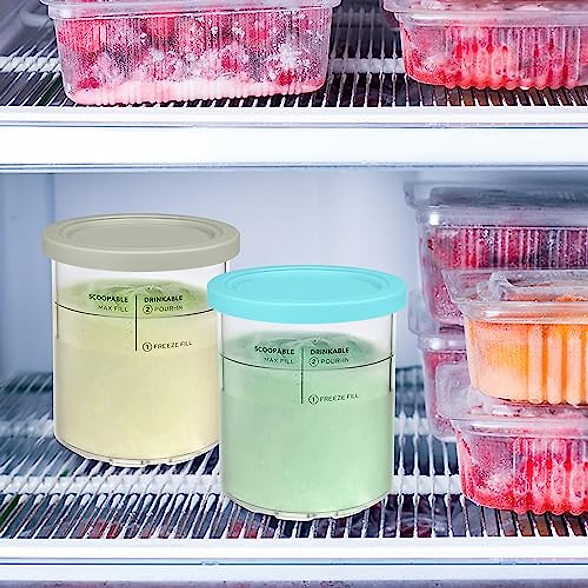 FIRJOY 24 oz. Containers | Extra Replacement Pints and Lids for Ninja Creami Deluxe - Compatible with NC501, NC500 Series (2 Pack - Grey, Blue)