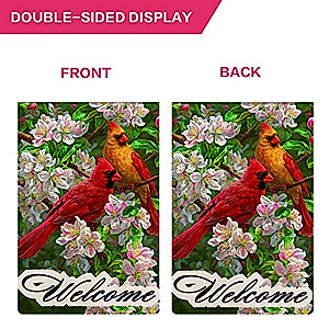 Gormcore Cardinal Glory Spring Garden Flag Red Birds Yellow Birds Summer Small Garden Flag Peach Blossom Floral Vertical Double Sided Rustic Farmland Burlap Yard Lawn Outdoor Decor 12.5x18