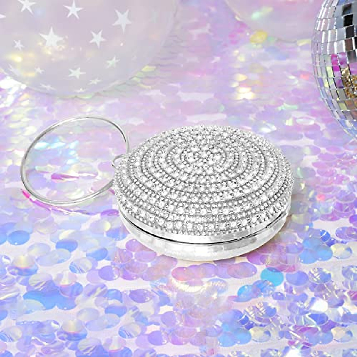 GripIt Round Shape Rhinestone Wristlet Handbag Clutch Purse Evening Wedding Cocktail Party Bag,Silver