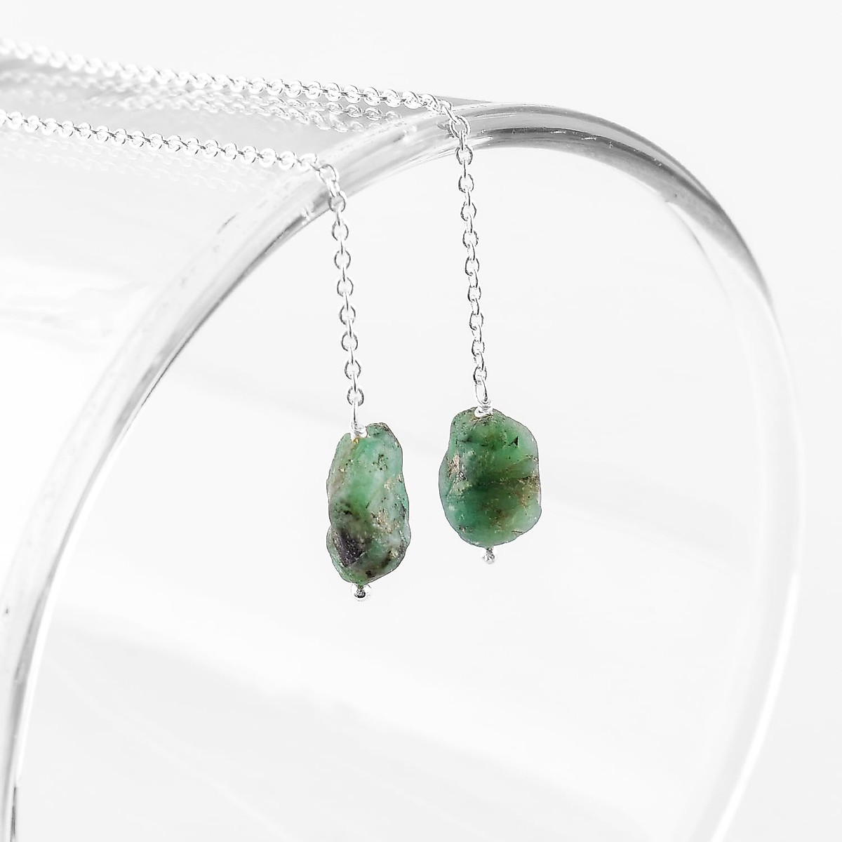 Graduation Gifts Raw Emerald Threader Earrings May Birthstone Natural Gemstone Handmade Silver Plated Chain Hypoallergenic Drop Dangle Earrings Pull Through Piercing Earrings for Women