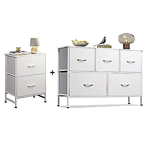WLIVE 2-Drawer Nightstand and 5-Drawer Dresser Set, Dressers for Bedroom, Fabric Storage Tower, Hallway, Entryway, Closets, Sturdy Steel Frame, Wood Top, Easy Pull Handle (White)
