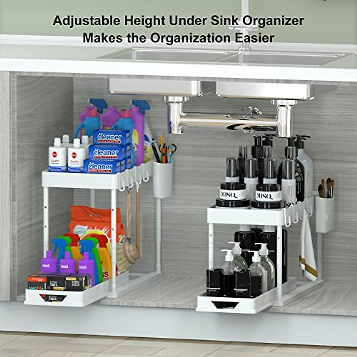 Under Sink Organizers And Storage Liftable Sink Shelf, ONADAK 2 Tier Sliding Under Bathroom Cabinet Organizer Drawer with 4 Hooks & 1 Hanging Cup Under Kitchen Sink Storage Bathroom Organizer(White)