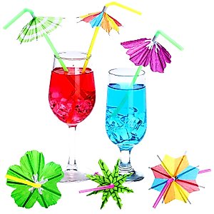 200 Pieces Hibiscus Umbrella Straws Coconut Tree Drinks Cocktail Umbrella Straws Summer for Hawaiian Beach Party Luau Tropical Straws Drinks Decorations Handmade Umbrella Party Supplies, Colorful